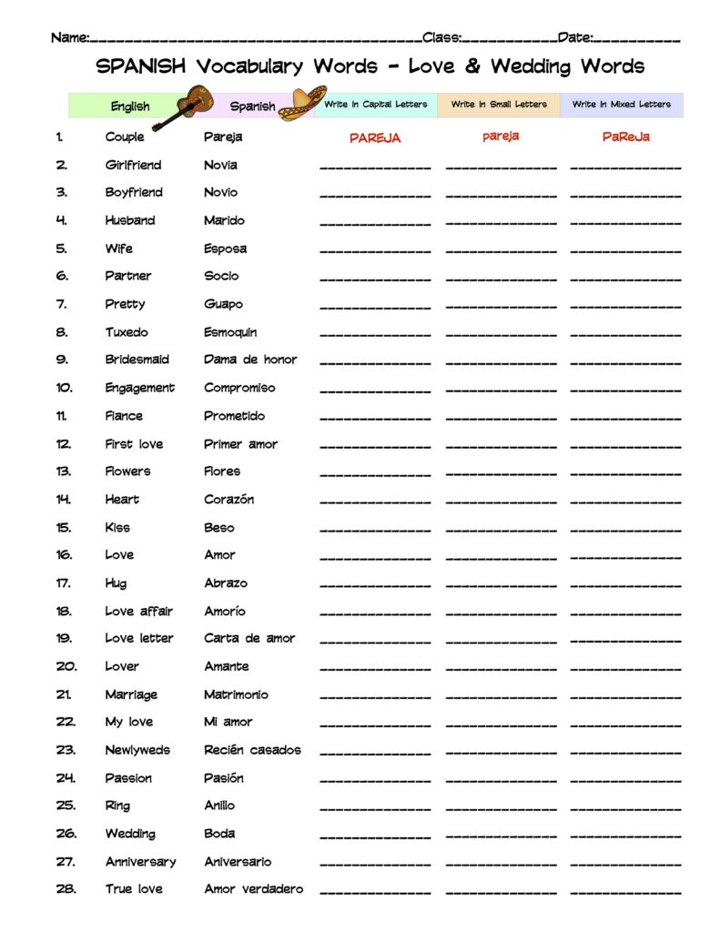 Spanish Love & Wedding Vocabulary Word List Column Worksheet | Made By ...