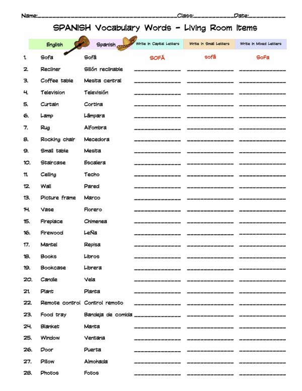 Spanish Living Rooms Vocabulary Word List Column Worksheet | Made By ...