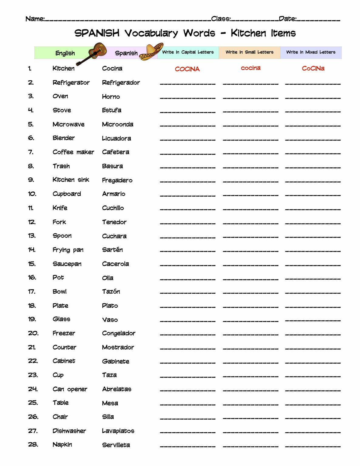 Spanish Common Tools Vocabulary Word List Worksheet & Answer Key | Made ...