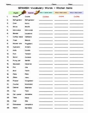 Spanish Kitchen Items Vocabulary Word List Column Worksheet | Made By ...
