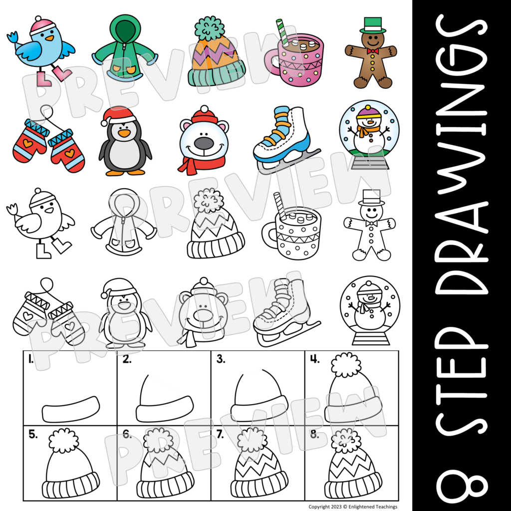 Winter Directed Drawings Worksheets - Winter Writing Prompts - Draw and ...