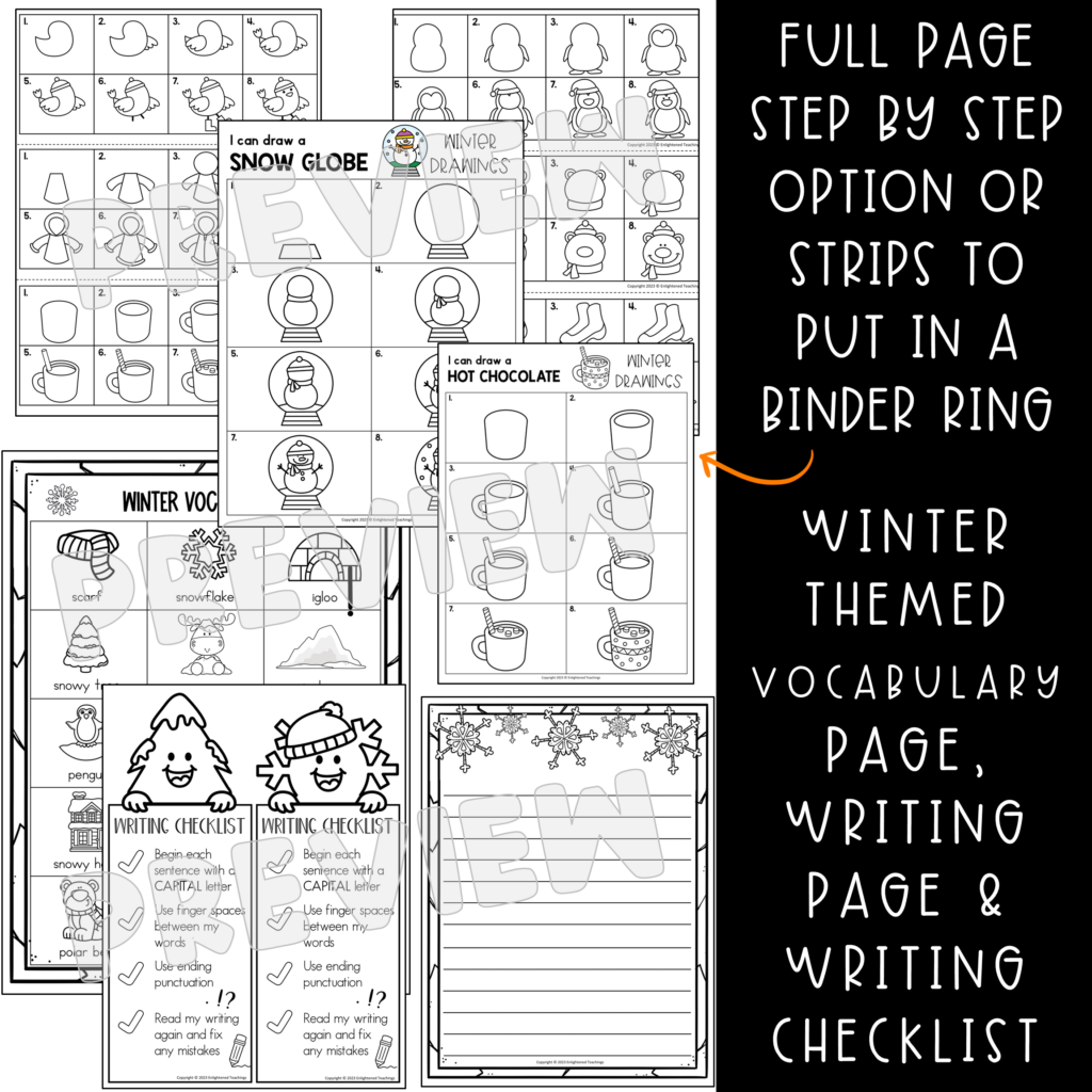 Winter Directed Drawings Worksheets - Winter Writing Prompts - Draw and ...