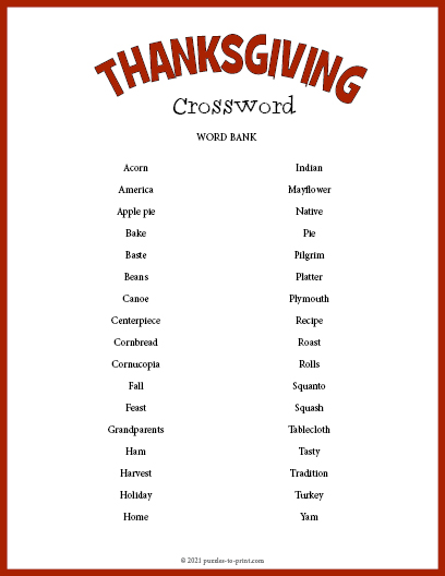 THANKSGIVING CROSSWORD Puzzle Worksheet - No Prep ELA Activity | Made ...
