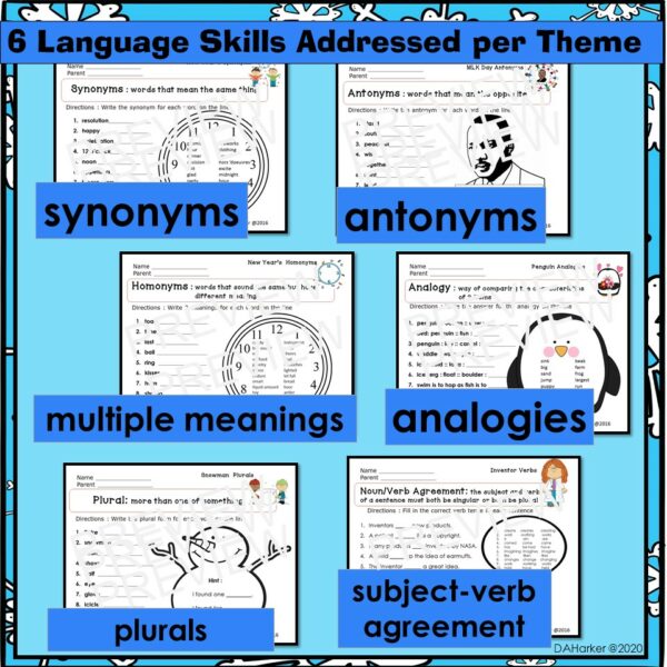 January Speech Therapy Upper Elementary Vocab & Grammar Worksheets ...