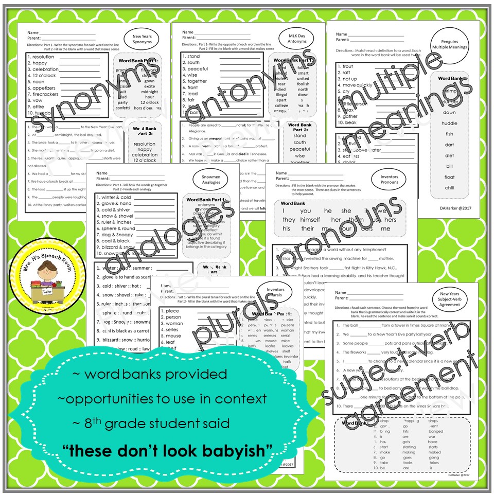January Language and Vocabulary Printables for Middle School Speech ...