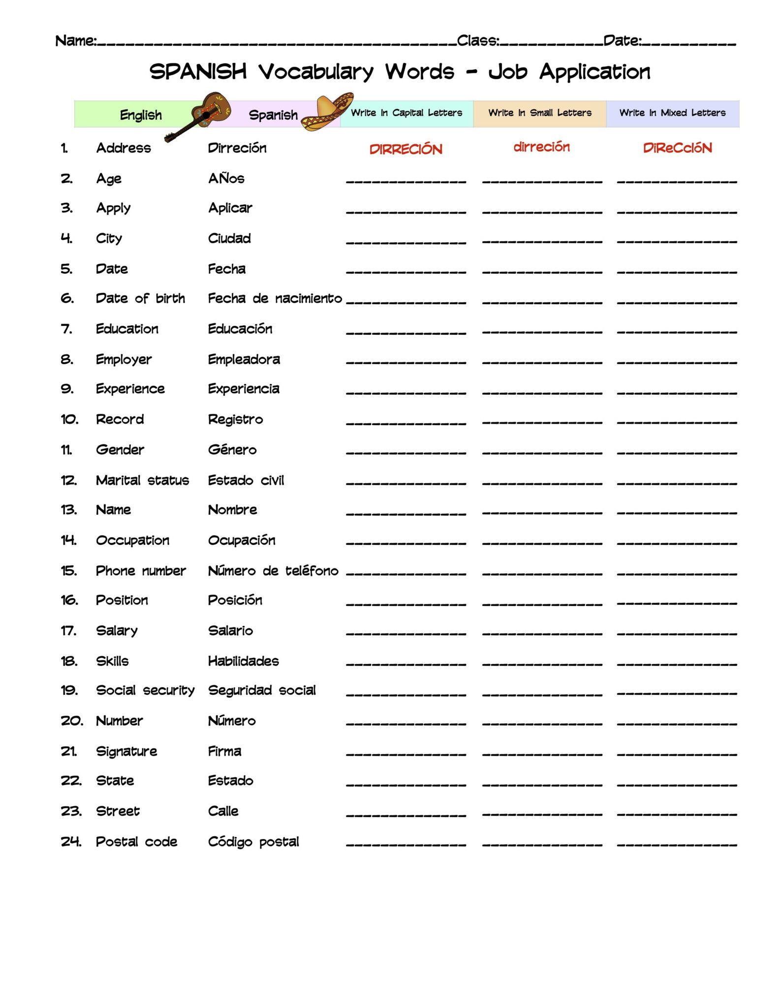 Spanish Job Application Vocabulary Word List Column Worksheet | Made By ...