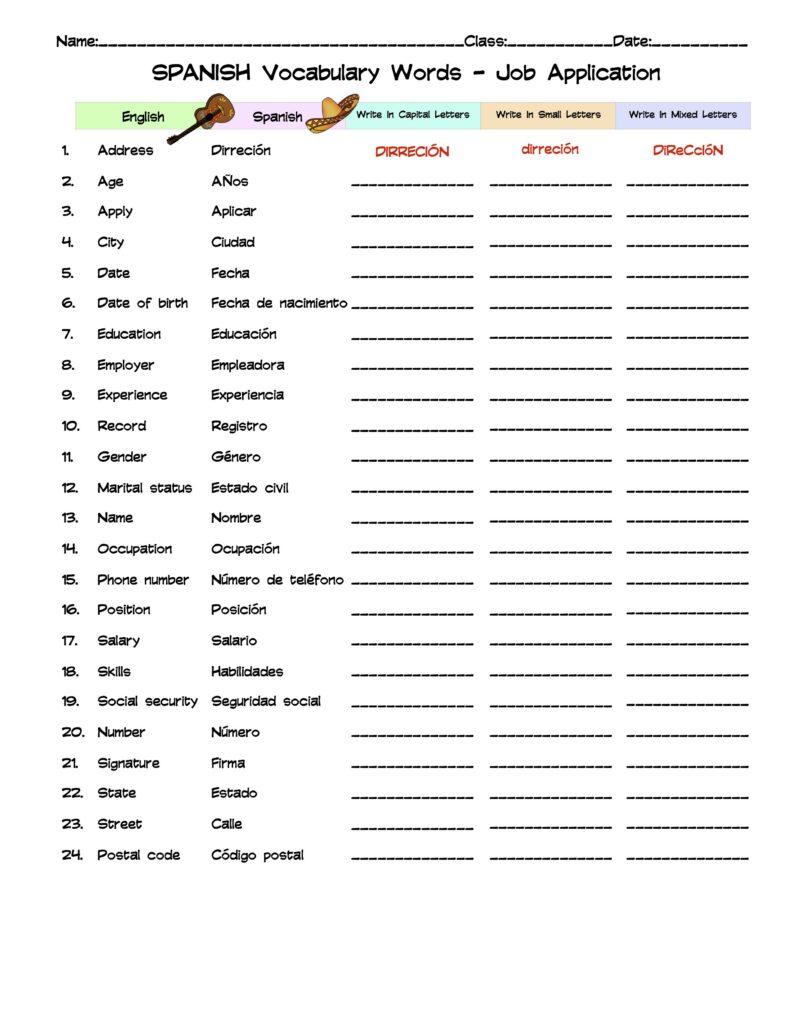 Spanish Common School Items Vocabulary Word List Worksheet & Answer Key ...