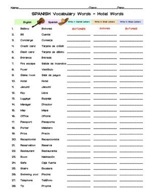 Spanish Hotel Words Vocabulary Word List Column Worksheet | Made By ...