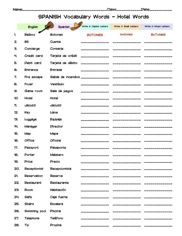 Spanish Hotel Words Vocabulary Word List Column Worksheet | Made By ...