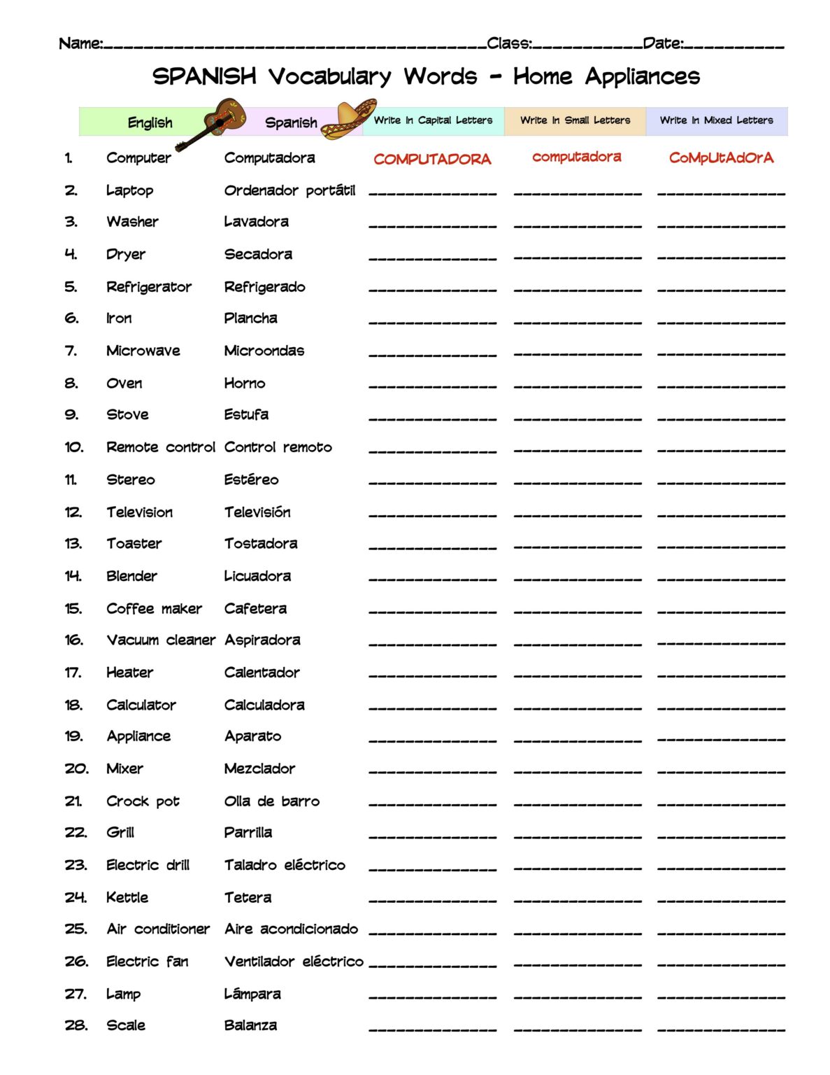 Spanish Home Appliance Vocabulary Word List Column Worksheet | Made By ...
