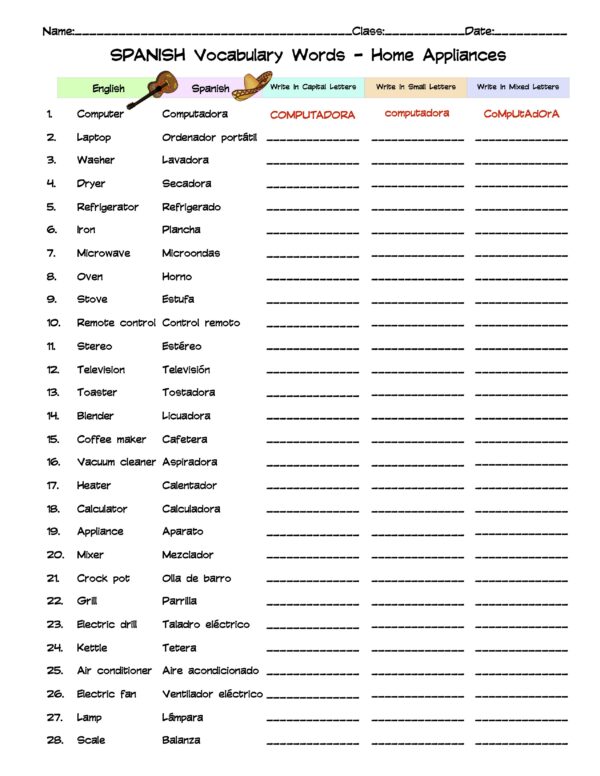 Spanish Home Appliance Vocabulary Word List Column Worksheet | Made By ...