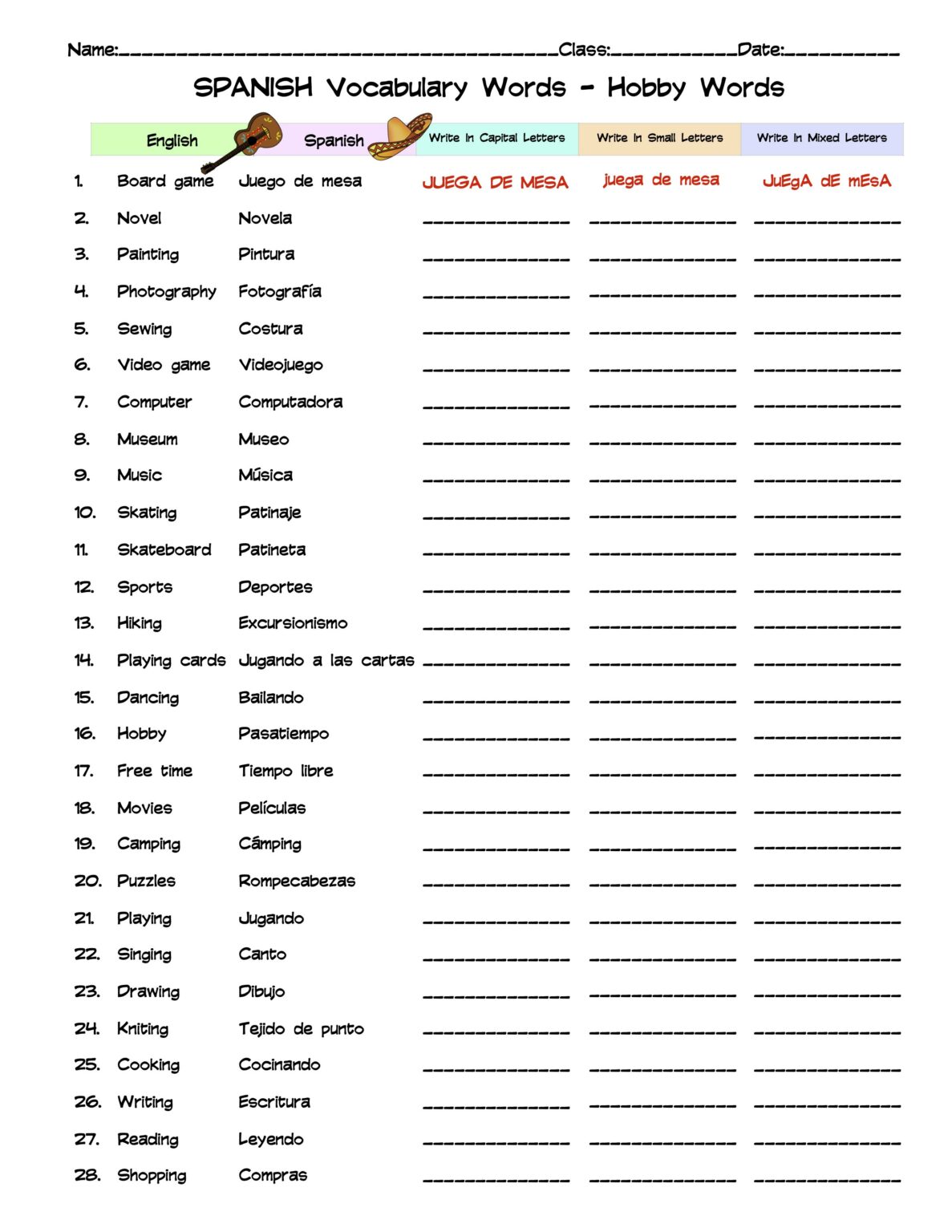 Spanish Hobby Words Vocabulary Word List Column Worksheet - Made By ...