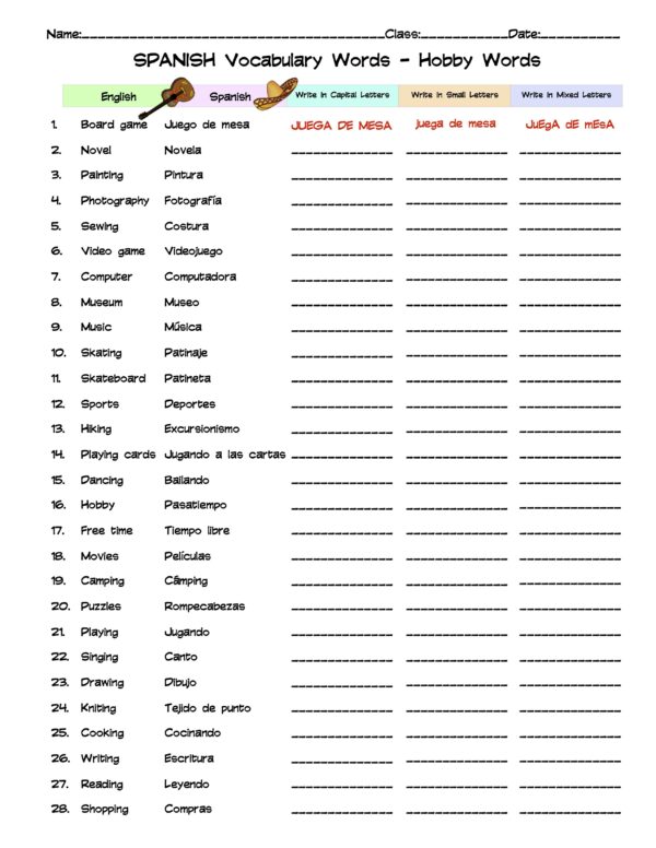 Spanish Hobby Words Vocabulary Word List Column Worksheet | Made By ...