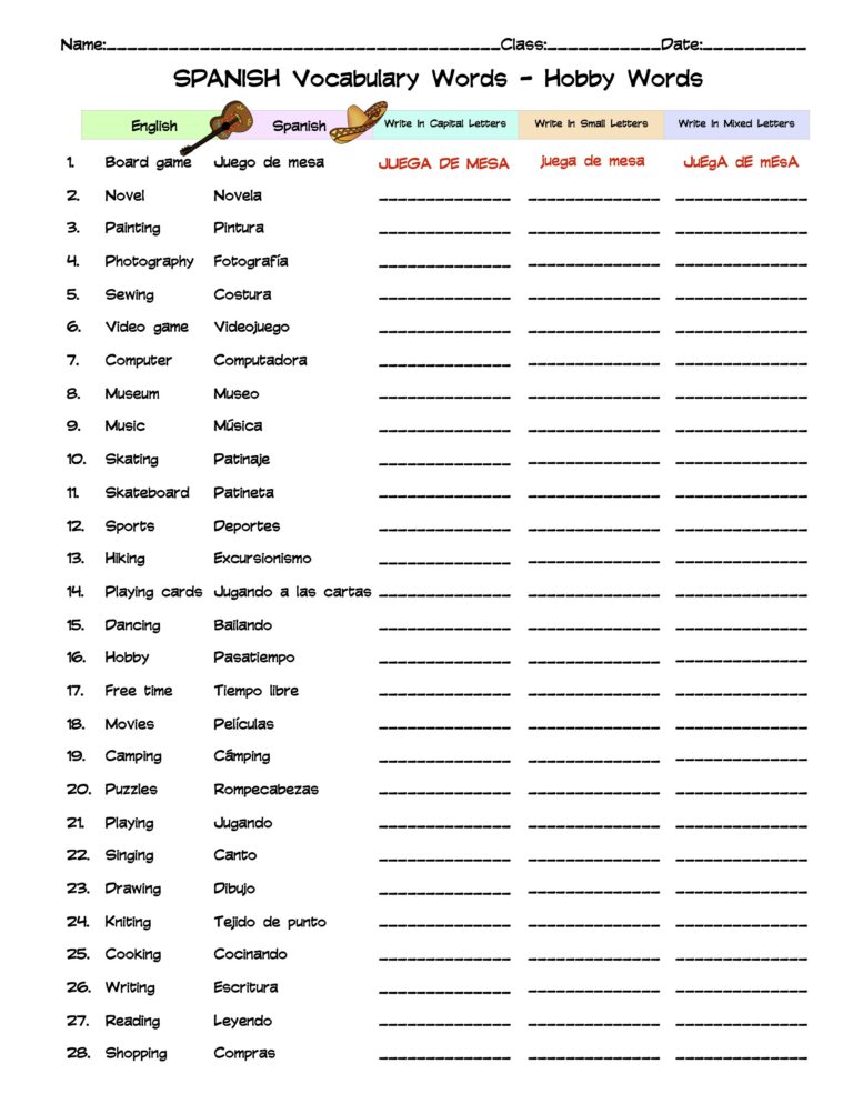 Spanish Hobby Words Vocabulary Word List Column Worksheet - Made By ...