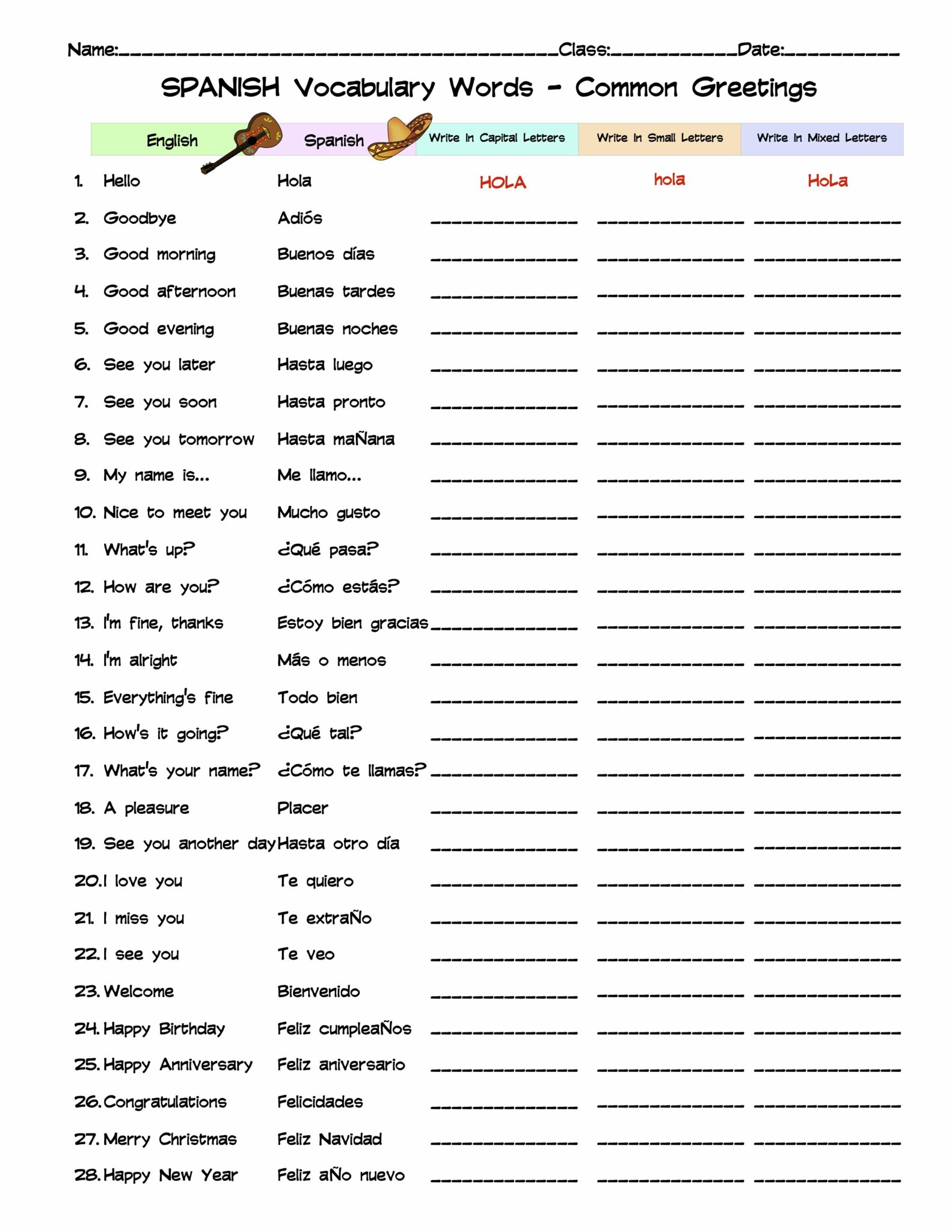 Spanish Common Greetings Vocabulary Word list Column Worksheet | Made ...