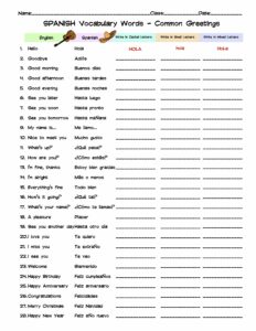 Spanish Common Greetings Vocabulary Word list Column Worksheet | Made ...
