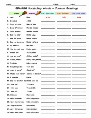 Spanish Common Greetings Vocabulary Word list Column Worksheet | Made ...