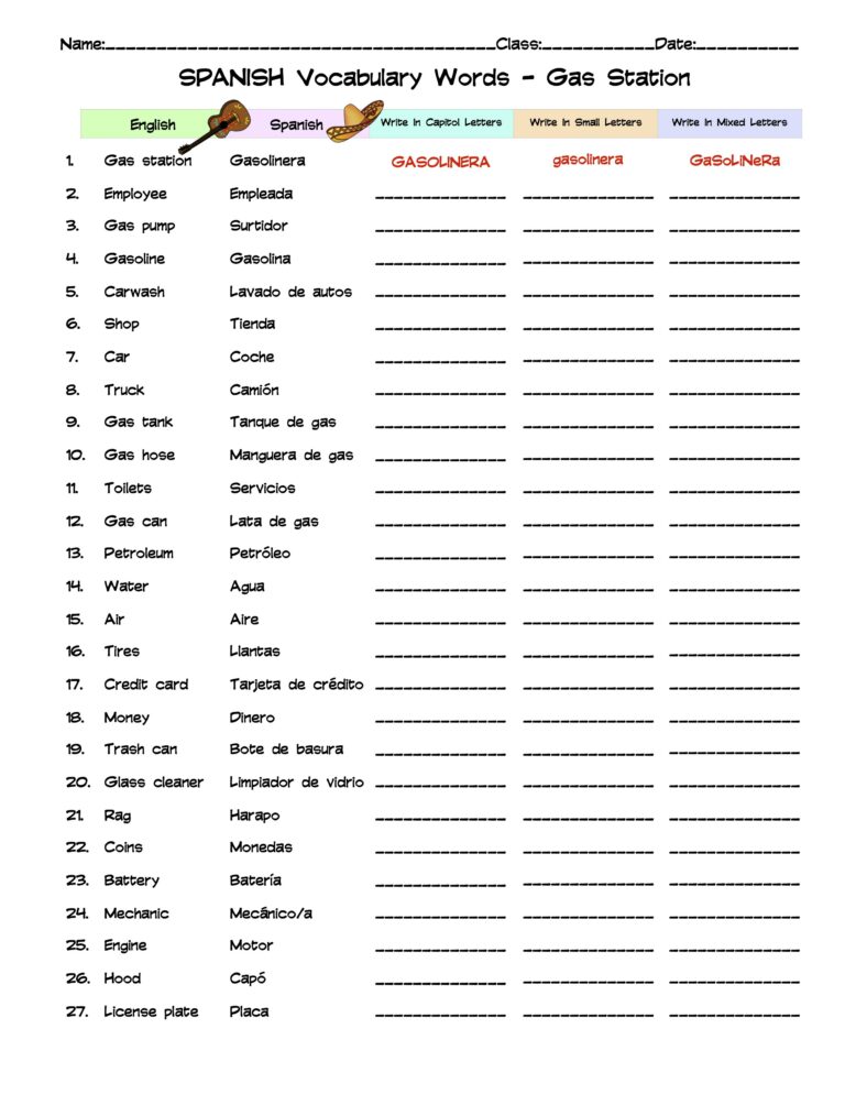 Spanish Gas Station Vocabulary Word List Column Worksheet | Made By ...