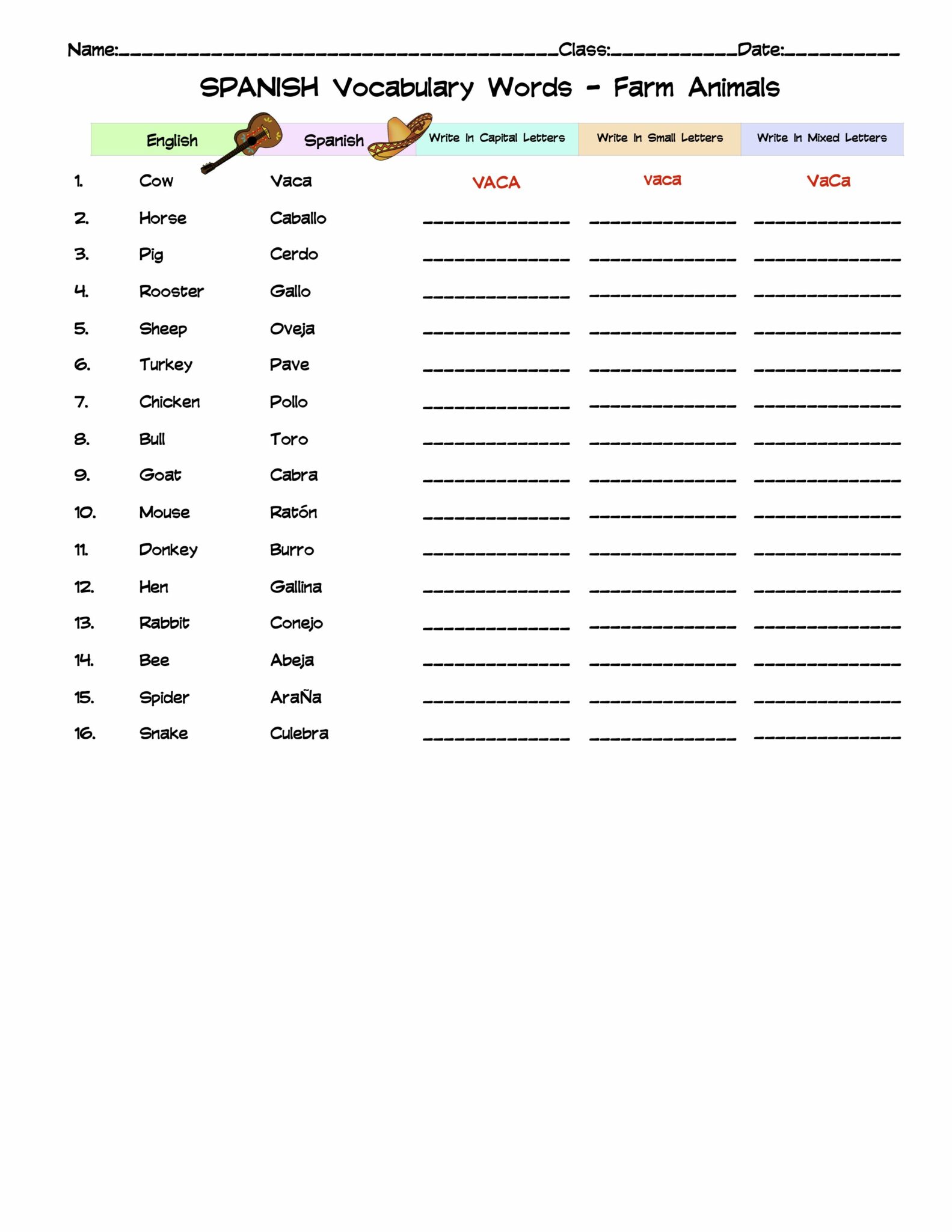 Spanish Farm Animals Vocabulary Word List Column Worksheet | Made By ...