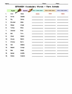 Spanish Farm Animals Vocabulary Word List Column Worksheet | Made By ...
