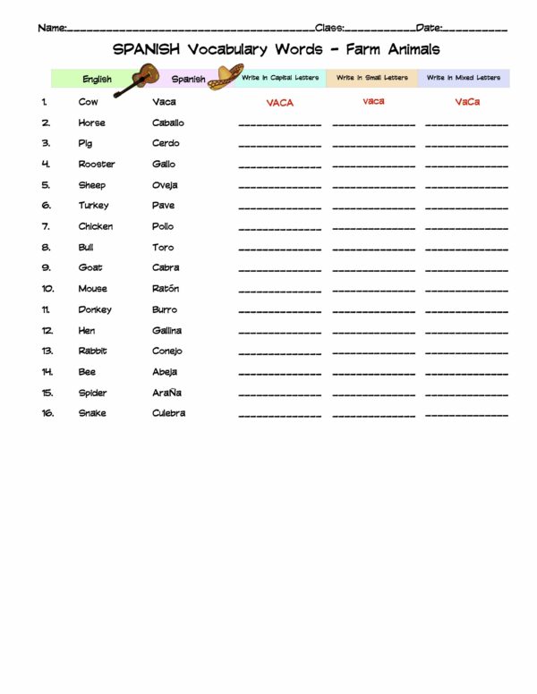 Spanish Farm Animals Vocabulary Word List Column Worksheet | Made By ...