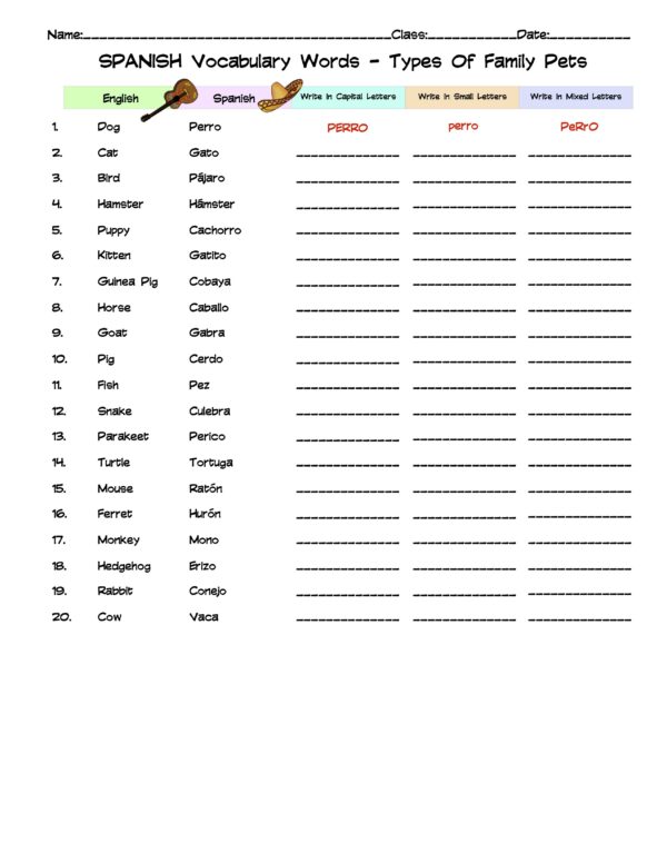 Spanish Types Of Family Pets Vocabulary Word List Column Worksheet ...