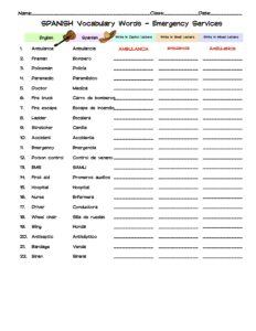 Spanish Emergency Services Vocabulary Word List Column Worksheet | Made ...