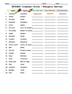 Spanish Emergency Services Vocabulary Word List Column Worksheet | Made ...