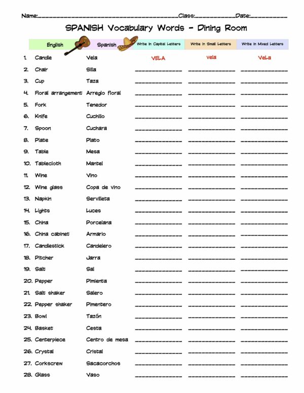 Spanish Dining Room Vocabulary Word List Column Worksheet | Made By ...