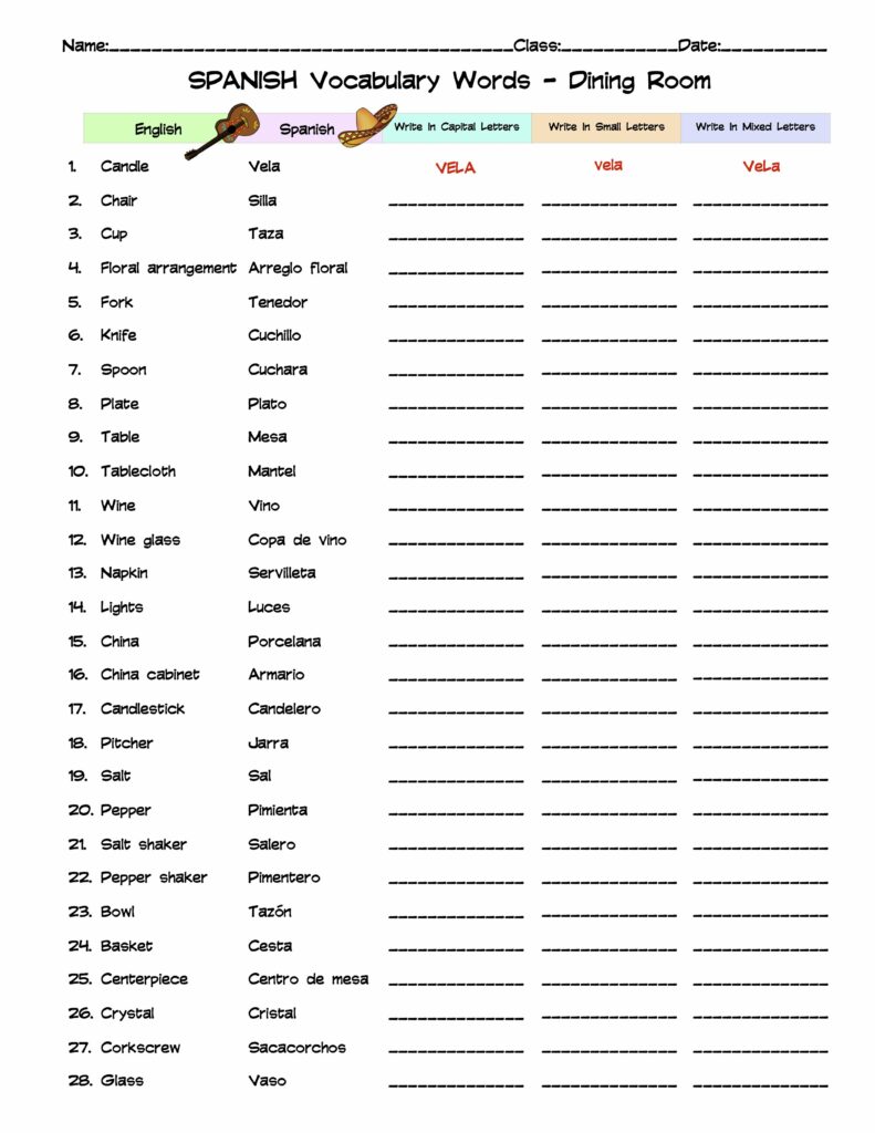 Spanish Kitchen Measurements Vocabulary Word List Worksheet & Answer ...