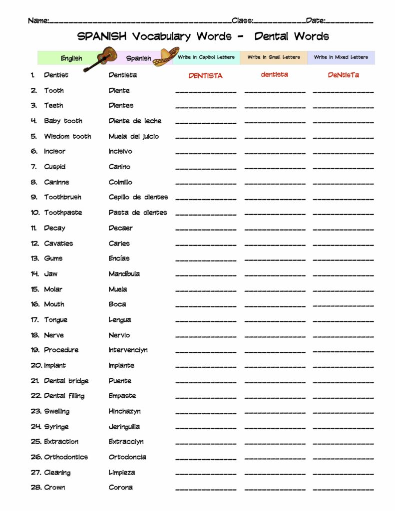 Spanish Common School Classes Vocabulary Word List Worksheet & Answer ...