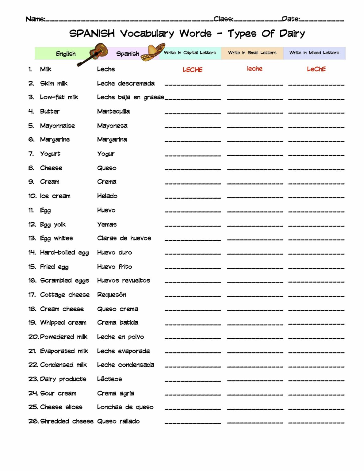 Spanish Types Of Dairy Vocabulary Word List Column Worksheet | Made By ...