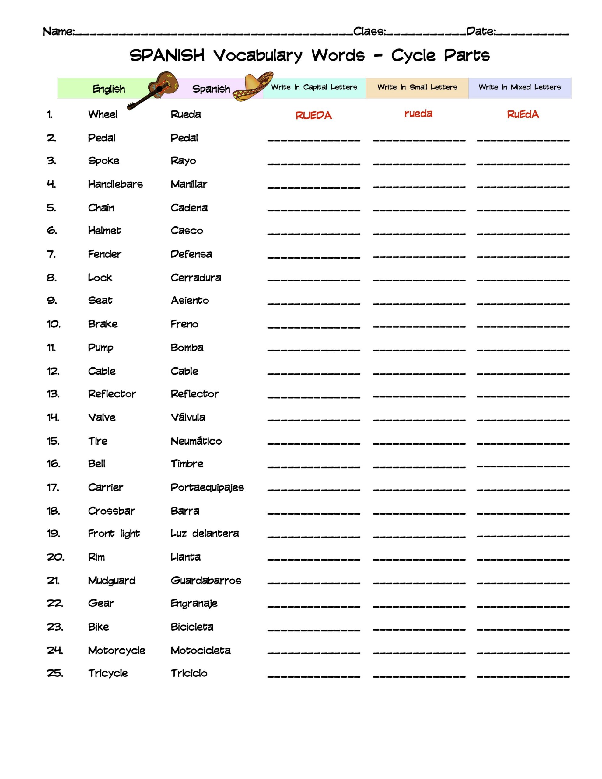 Spanish Cycle Parts Vocabulary Word List Column Worksheet Made By Teachers 