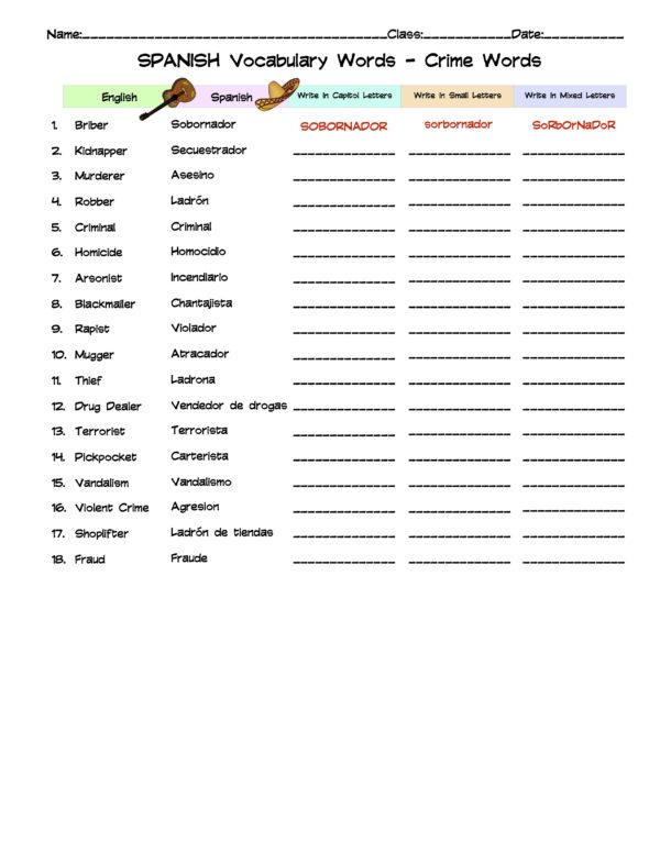 Spanish Crime Words Vocabulary Word List Column Worksheet | Made By ...