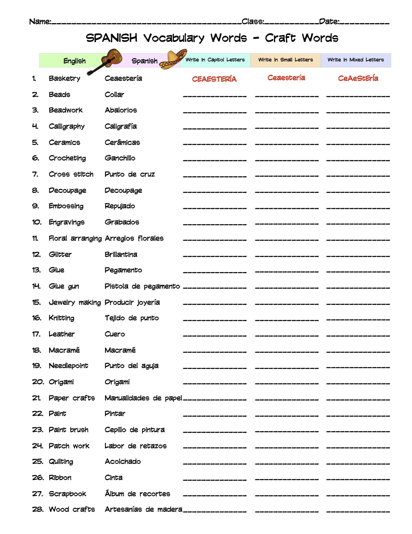 Spanish Craft Words Vocabulary Word list Column Worksheet | Made By ...