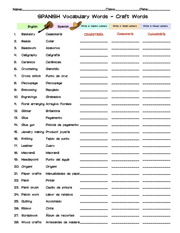 Spanish Craft Words Vocabulary Word list Column Worksheet | Made By ...
