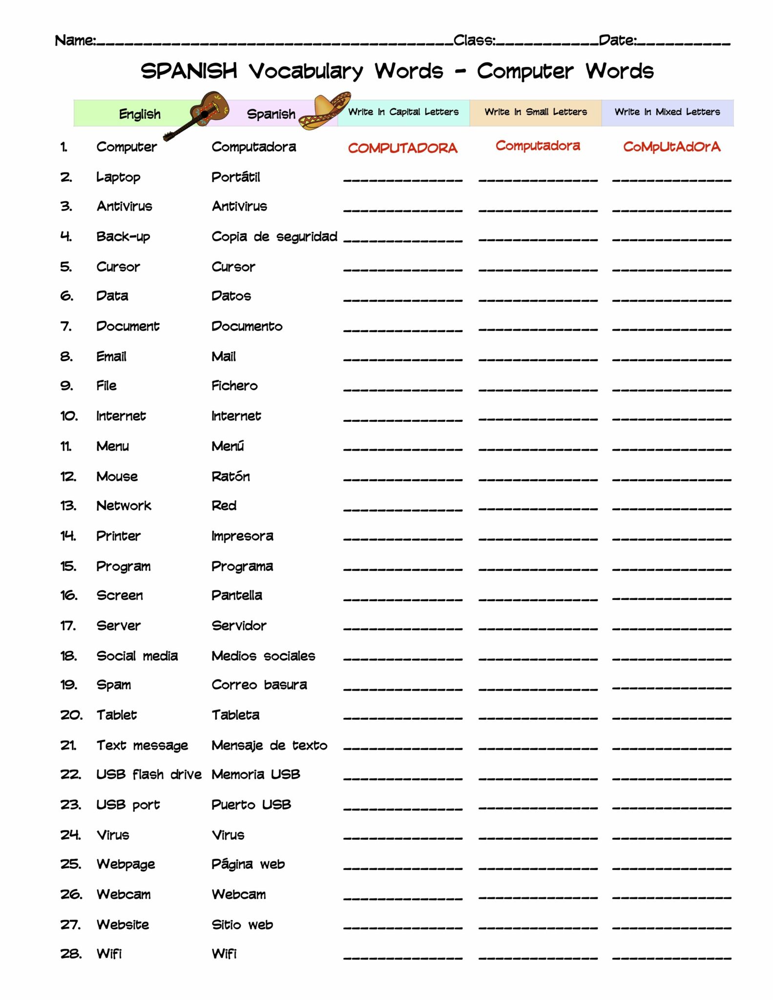 Spanish Computer Words Vocabulary Word List Column Worksheet | Made By ...
