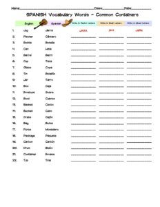 Spanish Common Containers Vocabulary Word List Column Worksheet | Made ...