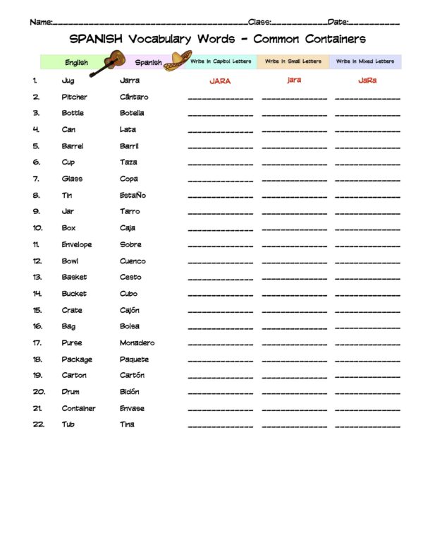 Spanish Common Containers Vocabulary Word List Column Worksheet | Made ...