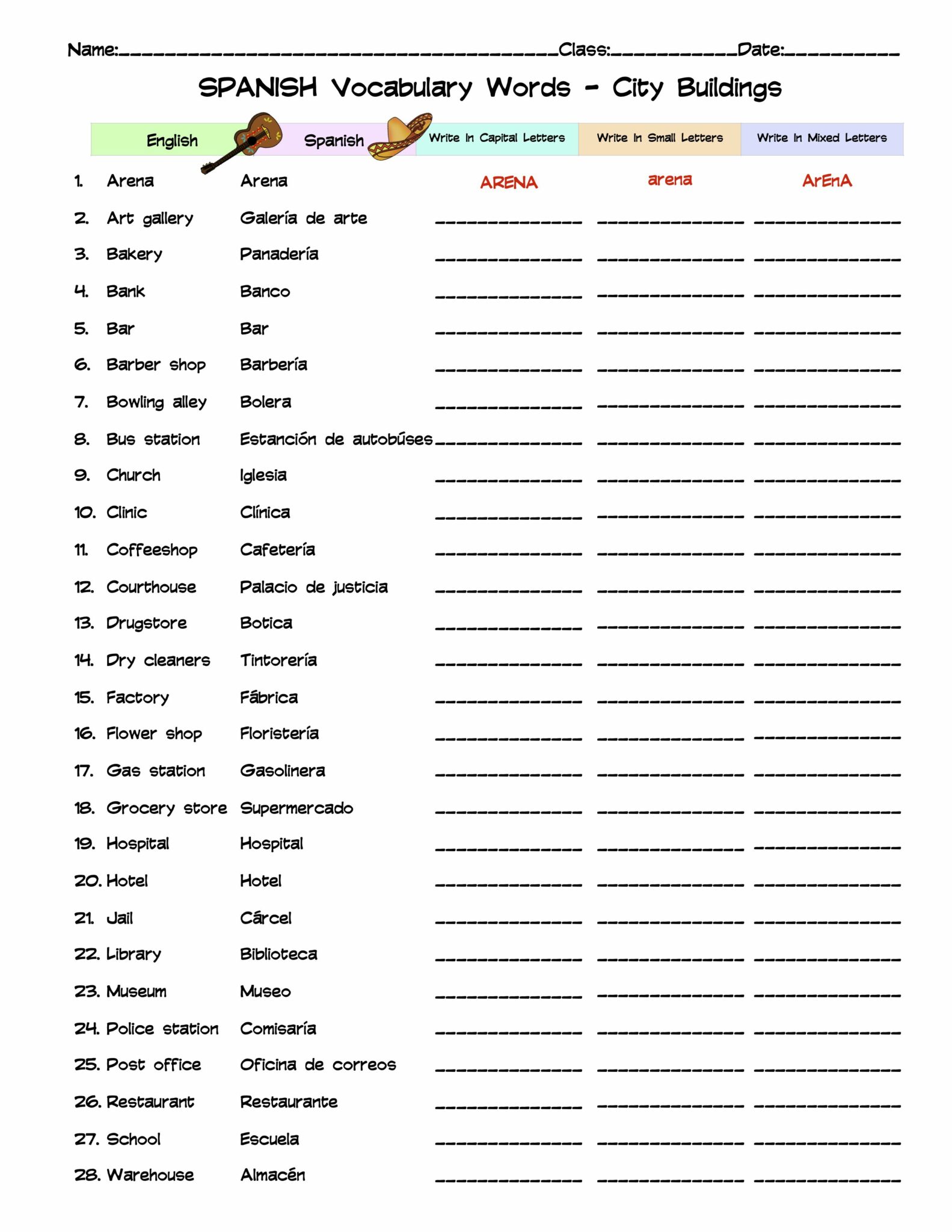 Spanish City Buildings Vocabulary Word List Column Worksheet | Made By ...
