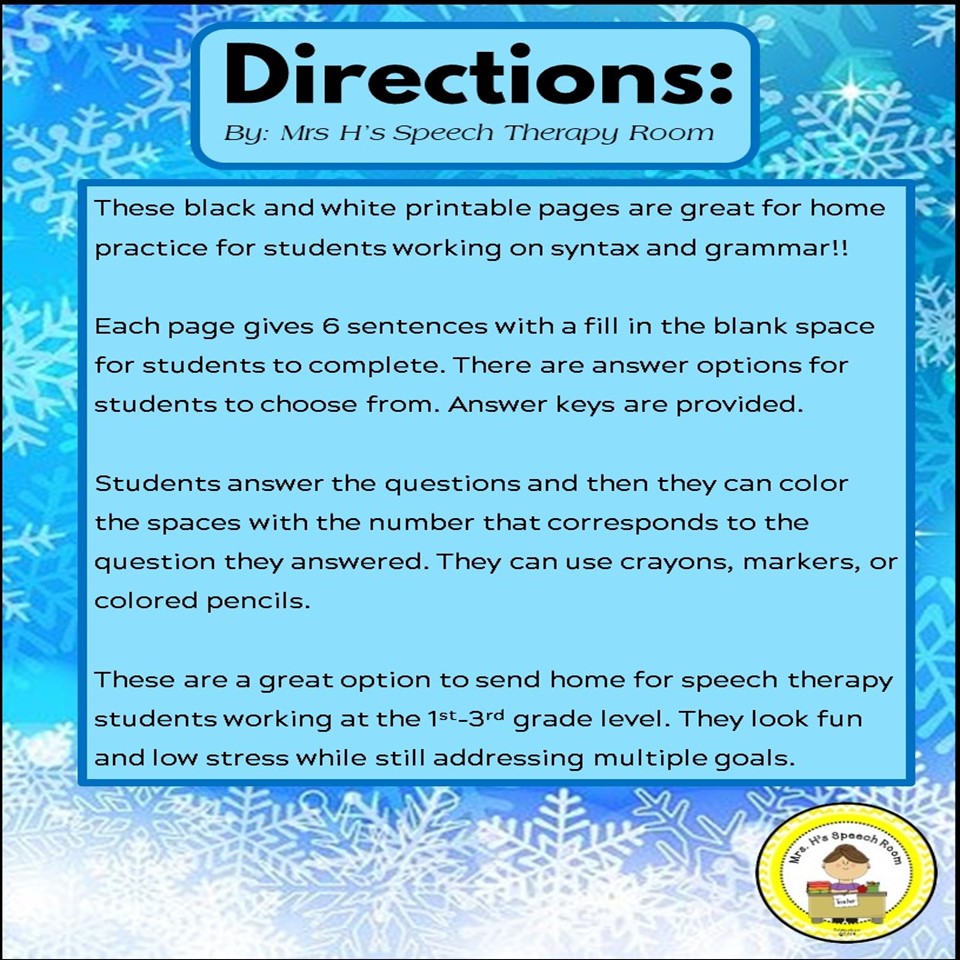 Winter Speech Therapy Grammar Color by Code Grab and Go Activity | Made ...