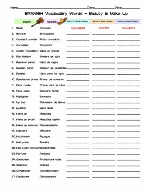Spanish People Descriptions Vocabulary Word List Column Worksheet ...