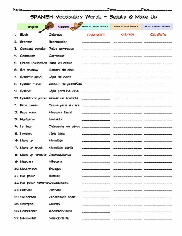 Spanish Beauty & Make Up Vocabulary Word List Column Worksheet | Made ...