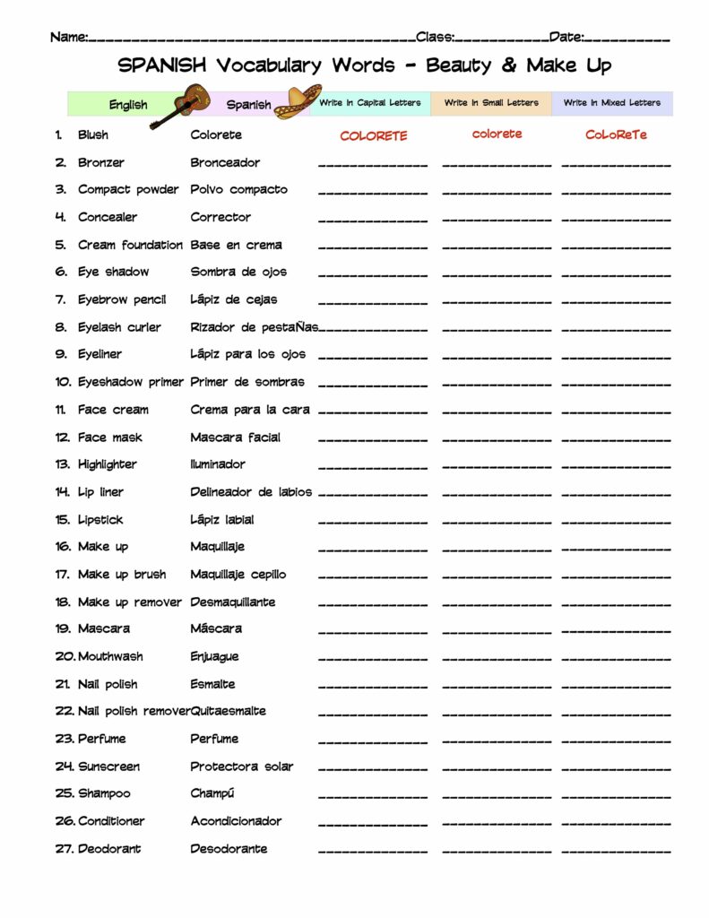 Spanish People Descriptions Vocabulary Word List Column Worksheet ...
