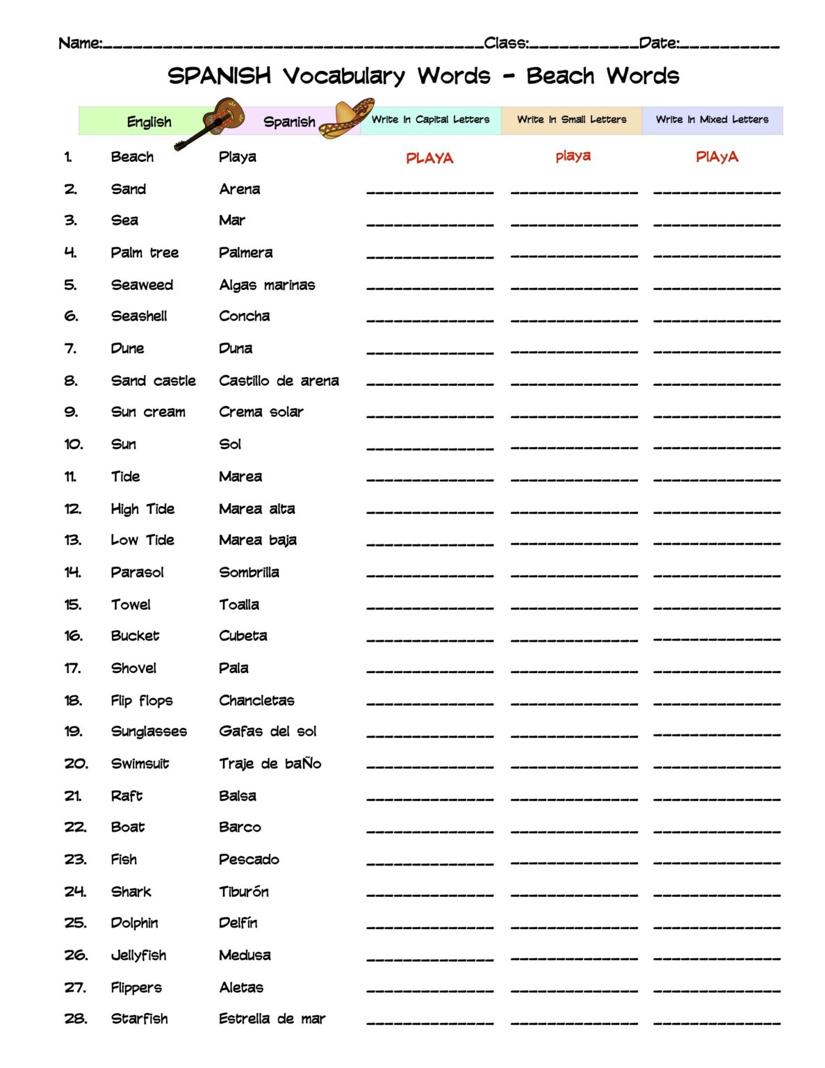 Spanish Beach Words Vocabulary Word List Column Worksheet | Made By ...