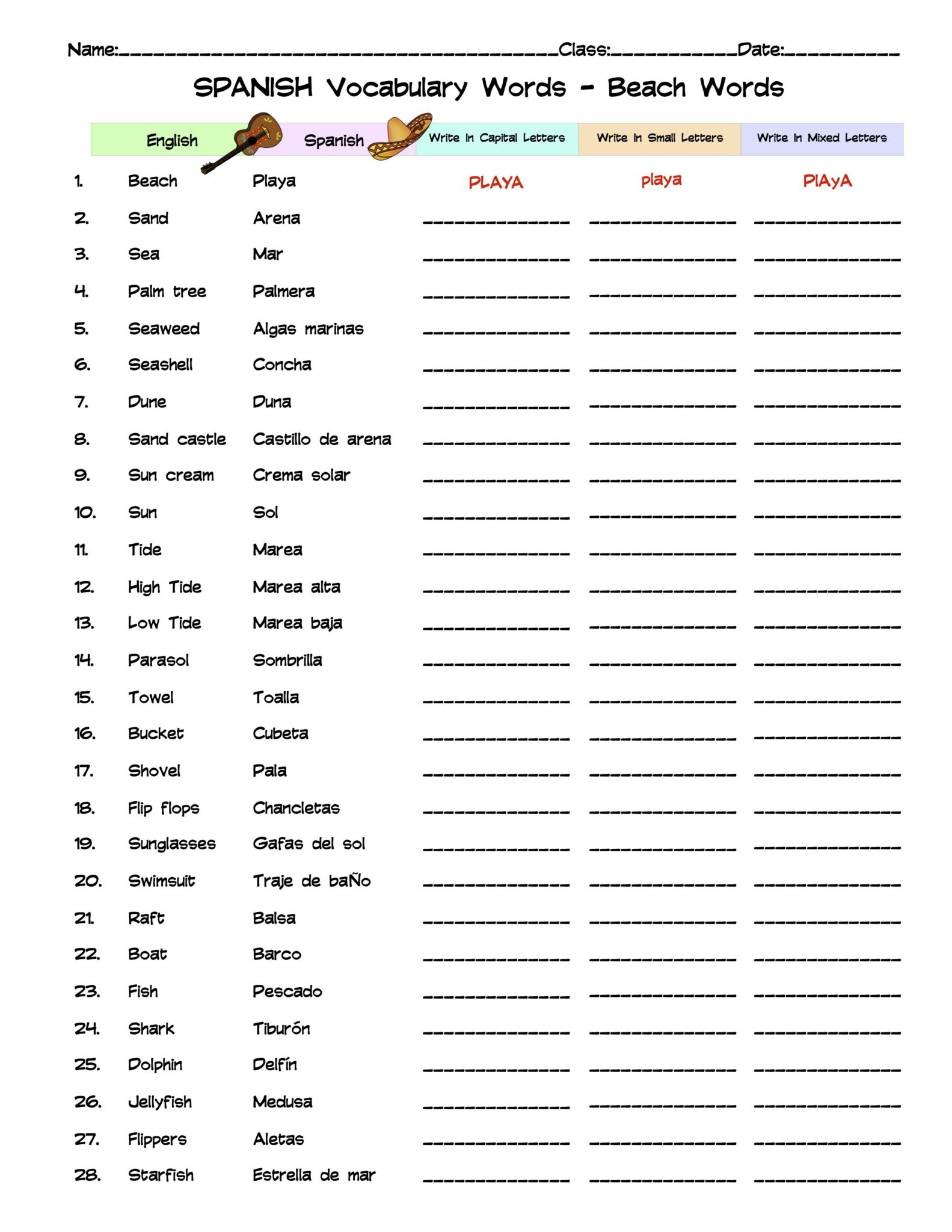 Spanish Beach Words Vocabulary Word List Column Worksheet | Made By ...