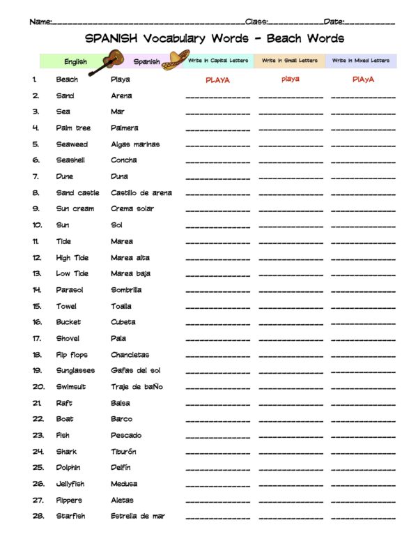 Spanish Beach Words Vocabulary Word List Column Worksheet | Made By ...