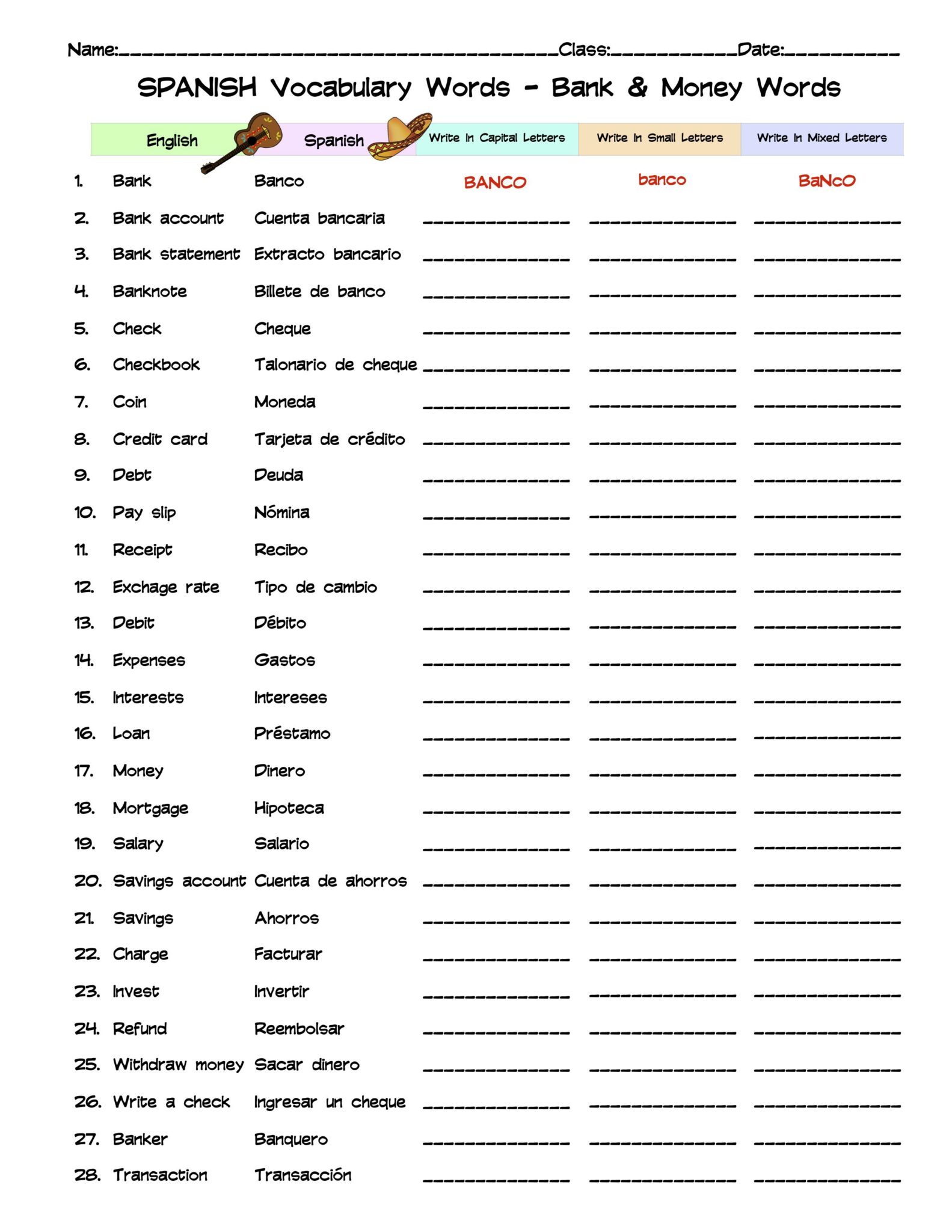 Spanish Bank & Money Vocabulary Word List Column Worksheet | Made By ...