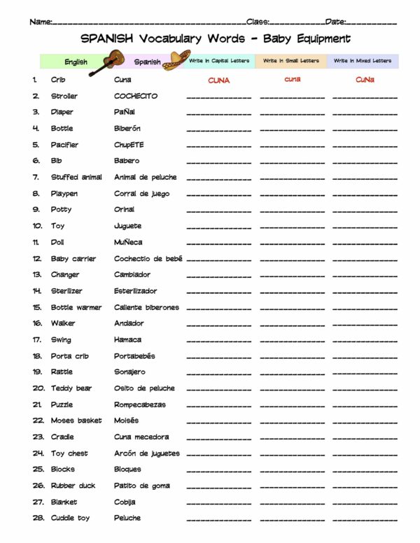 Spanish Baby Equipment Vocabulary Word List Column Worksheet | Made By ...