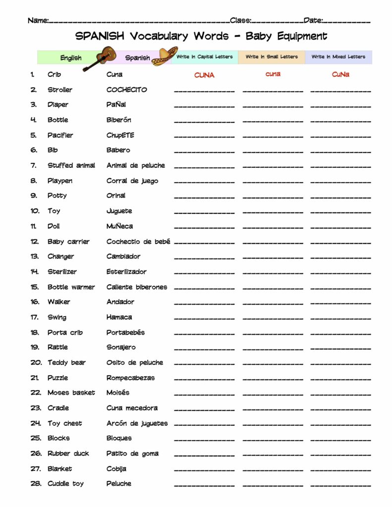 Spanish Baby Equipment Vocabulary Word List Column Worksheet | Made By ...